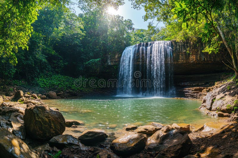 Waterfall Cascading Down Lush Green Forest Surrounded by Tropical ...