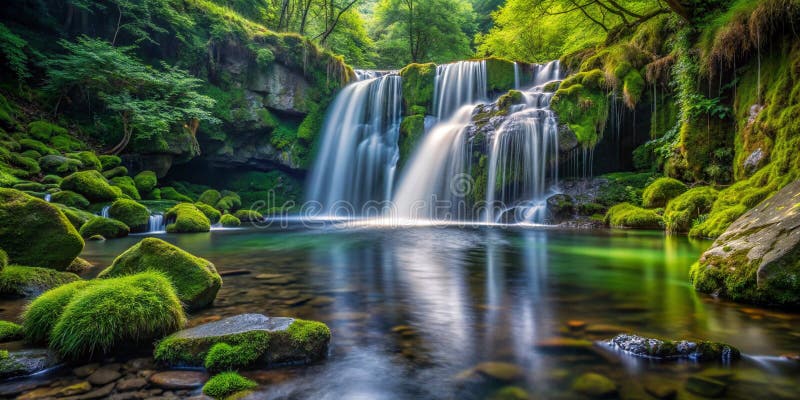 A Waterfall Cascading Down Moss Covered Rocks into a Tranquil Pool AI ...