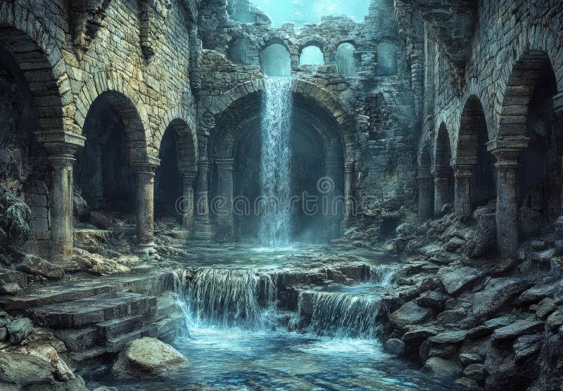 Mystical Waterfall in Ancient Stone Ruins Stock Illustration ...