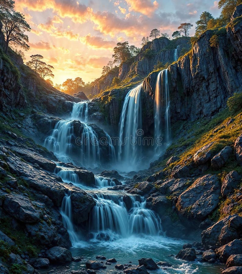 Sunset Cascade: Waterfall on Rocky Slope - Generative AI Stock Image ...