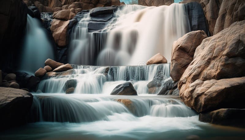 A Waterfall with a Waterfall Cascading Down it S Side Stock ...
