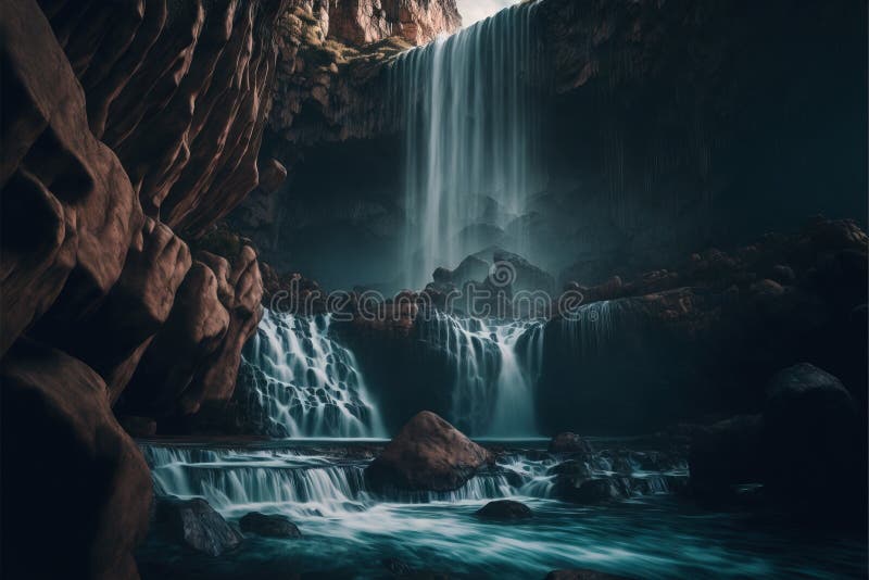 A Waterfall with a Waterfall Cascading Down it S Side in a Cave with ...