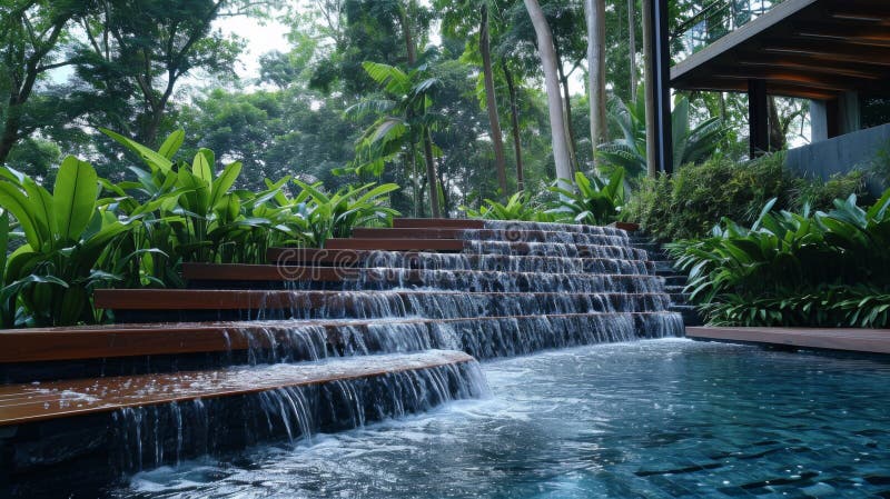 A Waterfall Cascading Down a Set of Steps into the Pool, AI Stock Photo ...