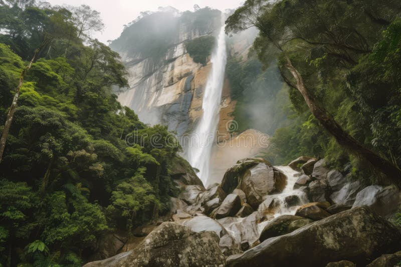 Waterfall Cascading Down the Side of a Mountain in the Amazonas Stock ...
