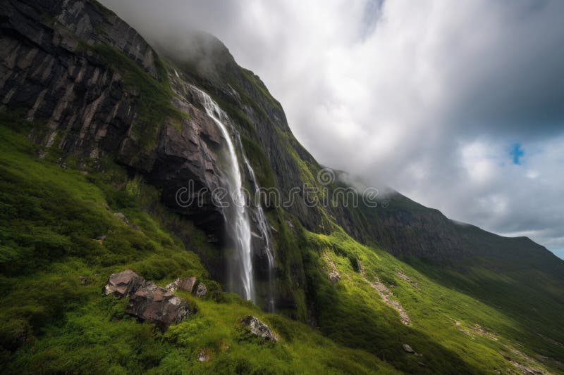 Waterfall Cascading Down the Side of a Mountain, with Dramatic Clouds ...