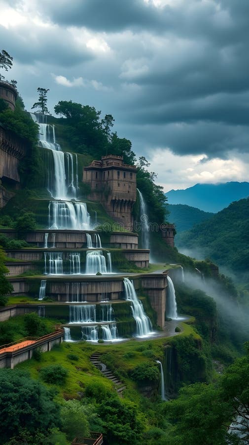 Waterfall Cascading Down Stone Steps Stock Illustration - Illustration ...