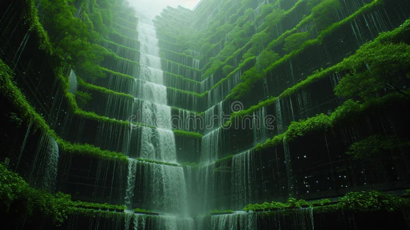 A Waterfall Cascading Down a Tall Building Covered in Plants, AI Stock ...