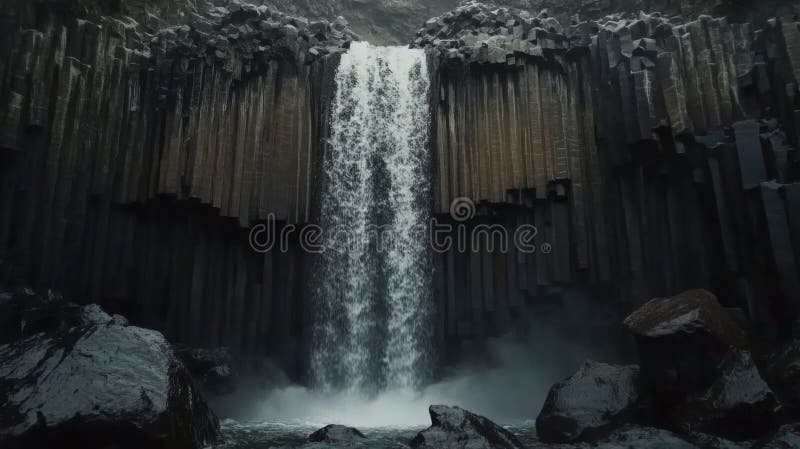 Waterfall Cascading Down a Wall of Basalt Columns Stock Illustration ...