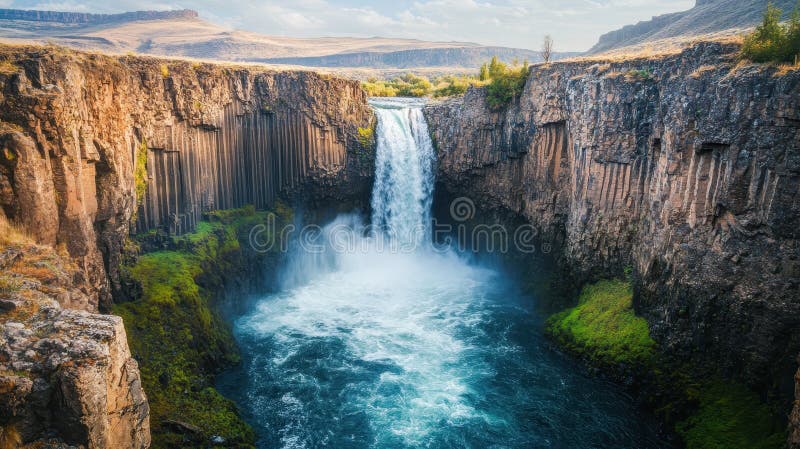 Waterfall Cascading into a Gorge with Columnar Basalt Cliffs Stock ...