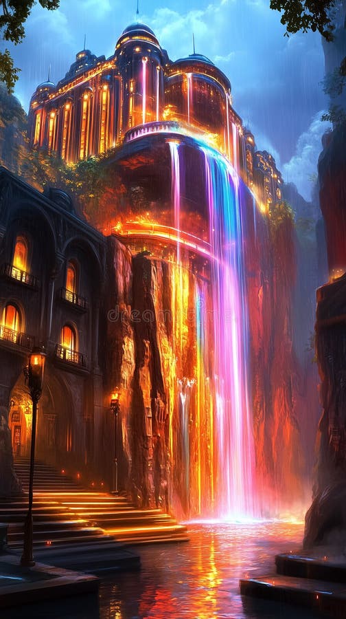 Waterfall Cascading from Illuminated Castle into Serene Pool Surrounded ...