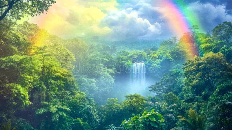 Waterfall Cascading in a Lush Tropical Rainforest with Rainbow Stock ...