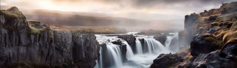 Waterfall Cascading into a Misty Gorge at Dawn. Banner for Web ...
