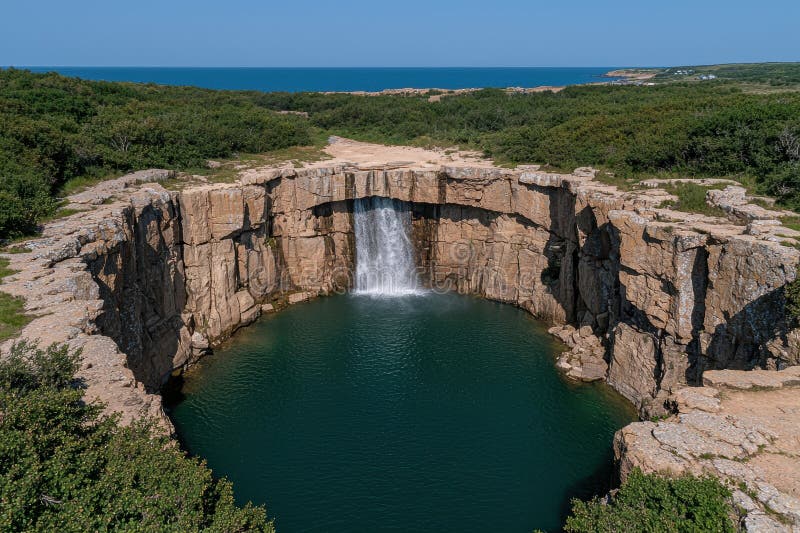 Waterfall Cascading into a Natural Pool Surrounded by Rocky Cliffs ...