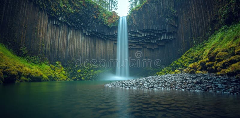 Waterfall Cascading Over a Basalt Cliff with a Pool of Water at the ...