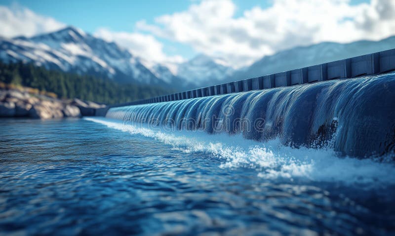 Waterfall Cascading Over Dam with Mountains in Background and Clear ...