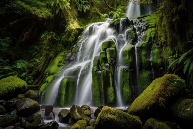 Waterfall, Cascading Over Mossy Rock, Surrounded by Lush Greenery Stock ...