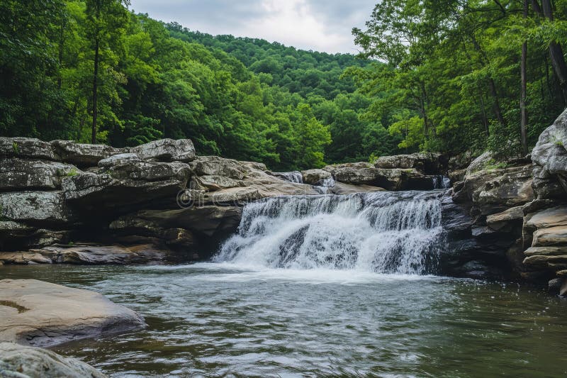 Waterfall Cascading Over Rocks in Lush Forest Stock Photo - Image of ...