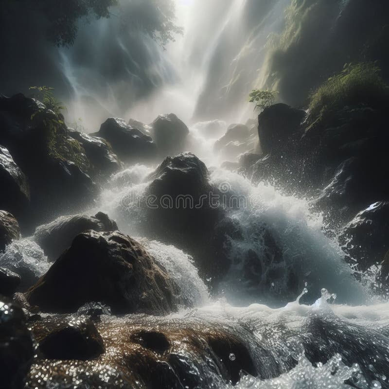 Waterfall Cascading Over Rocks in a Misty Forest Setting Stock Image ...