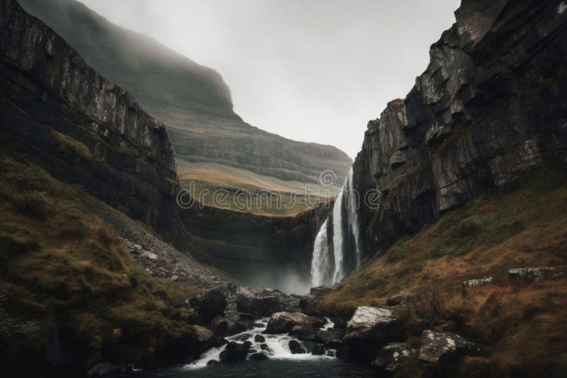 Waterfall Cascading Over Rocky Cliff, Surrounded by Majestic Mountains ...