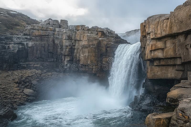 Waterfall Cascading Over Rocky Cliffs into a Misty Pool during the Day ...