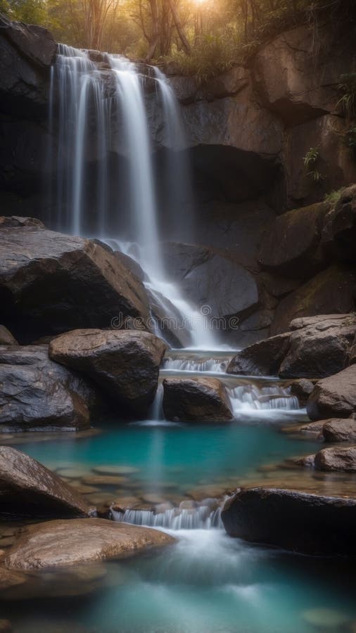 A Waterfall Cascading Over Smooth Rocks, with an Empty, Glowing Pool at ...