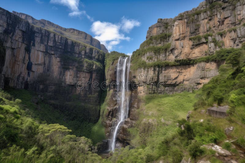 Waterfall Cascading Over Towering Cliff, with View of the Valley Below ...