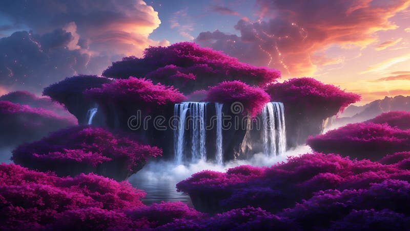 Magical Waterfall in a Pink Fantasy Forest at Sunset Stock Illustration ...