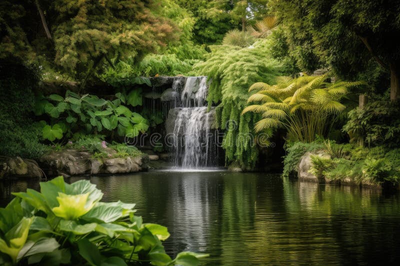 Waterfall Cascading into Pond Surrounded by Lush Greenery Stock ...