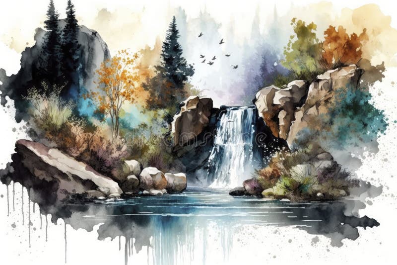 Waterfall Cascading into Pond in Watercolors with Rich Colors Stock ...