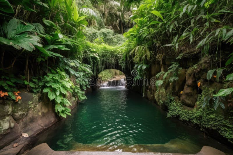 Waterfall Cascading into Pool, Surrounded by Lush Greenery Stock Photo ...