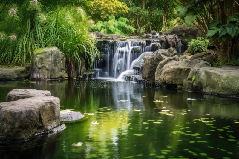 Waterfall Cascading into Serene Pond Surrounded by Lush Greenery Stock ... Waterfall Cascading into Serene Pond Surrounded by Lush Greenery Stock ...
