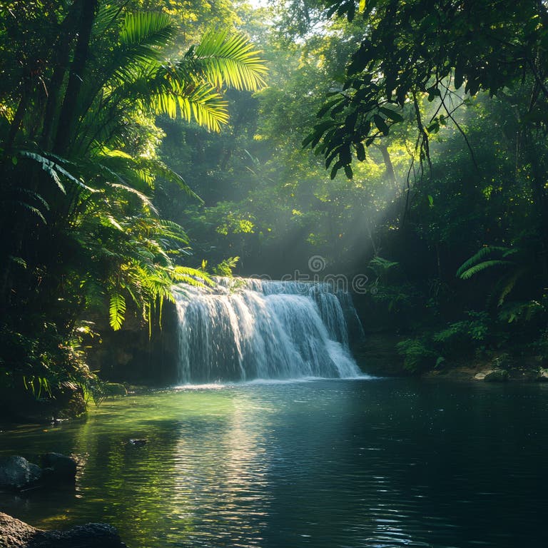 Waterfall Cascading into a Tranquil Jungle Pond Stock Illustration ...
