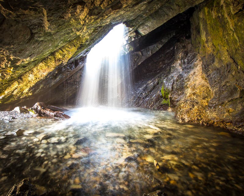 Waterfall Coming from Hole in Cave Ceiling Stock Image - Image of ...
