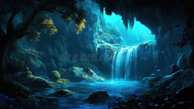 A Waterfall in a Cave with a Waterfall in the Background Stock ...