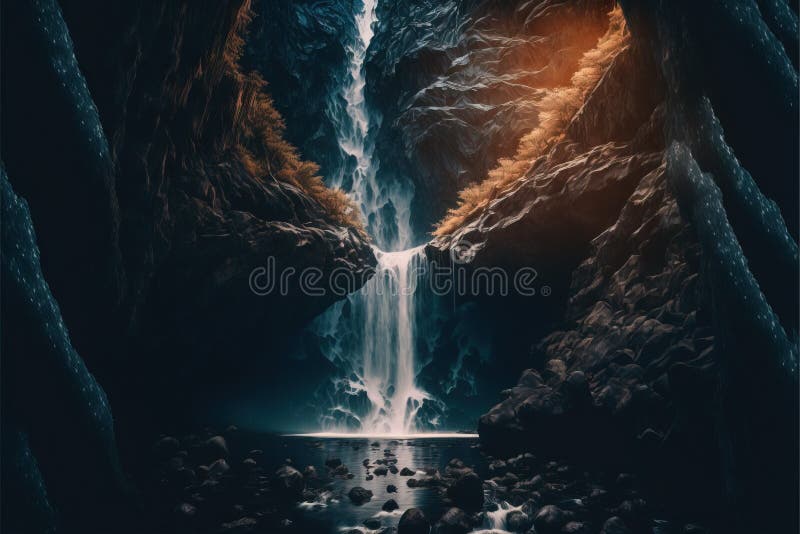 A Waterfall in a Cave with a Light Coming from it S Side and a Stream ...