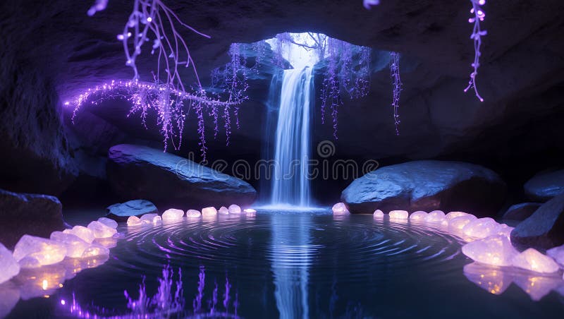 Enchanted Waterfall Cave with Glowing Stones and Lights Stock ...