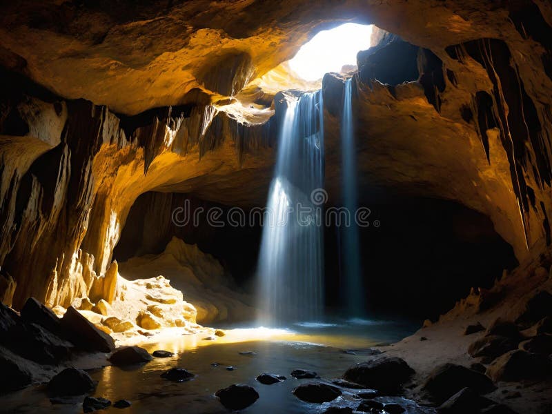 Waterfall in the Cave Mountain Stock Illustration - Illustration of ...
