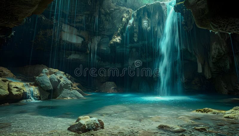 Waterfall in a Cave stock illustration. Illustration of stream - 310089733