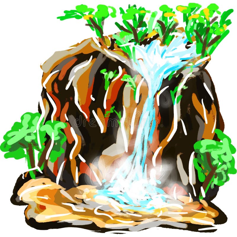 Waterfall Streaming Down a Steep Cliff Cartoon Art Illustration Stock ...