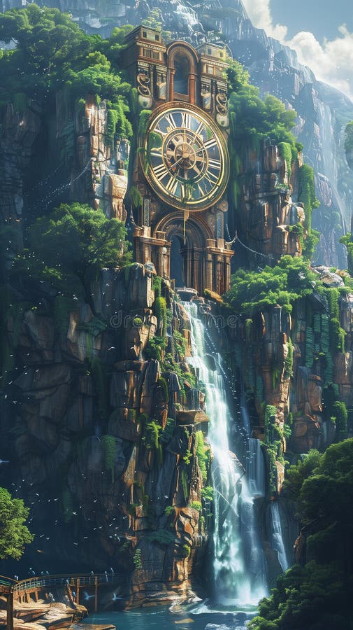 Waterfall Clock Tower in Enchanted Cliffs Stock Illustration ...
