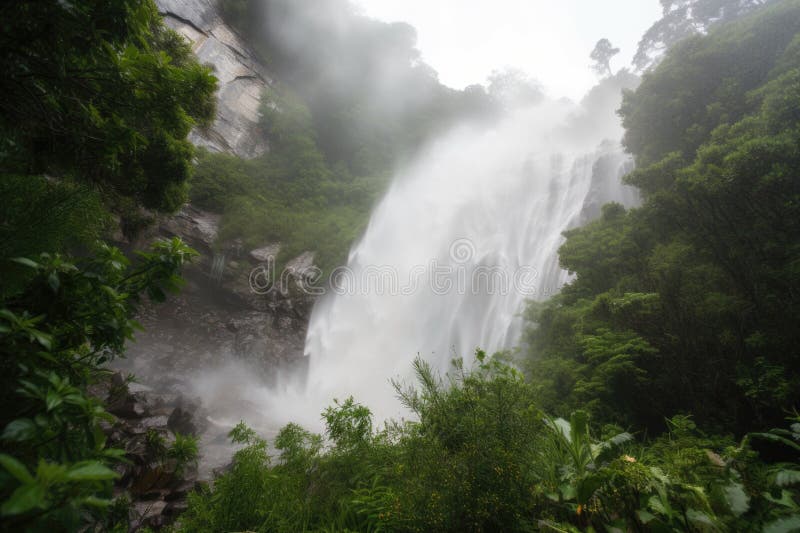 Waterfall Crashing Down Cliff Face, Surrounded by Greenery and Mist ...
