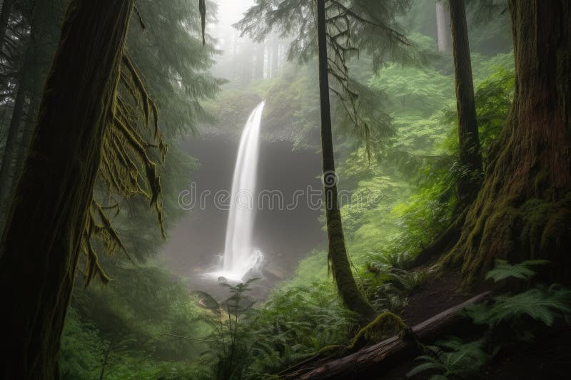 Waterfall Crashing Down into Misty Forest with Trees and Greenery Stock ...