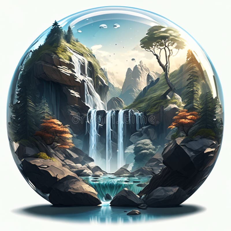 Waterfall in a Crystal Ball. Waterfall in a Glass Sphere Stock Image ...