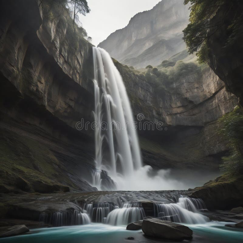 Waterfall in the Deep Forest. Generative Ai Stock Illustration ...