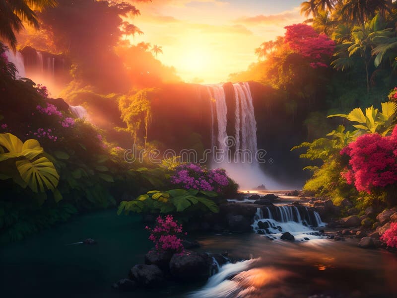 Waterfall in Deep Tropical Spring Forest, River Flow Over Sunset Scenic ...