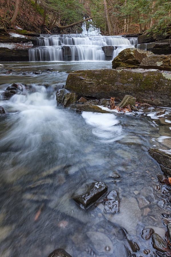 Waterfall Deep in the Woods during Winter Stock Photo - Image of ...