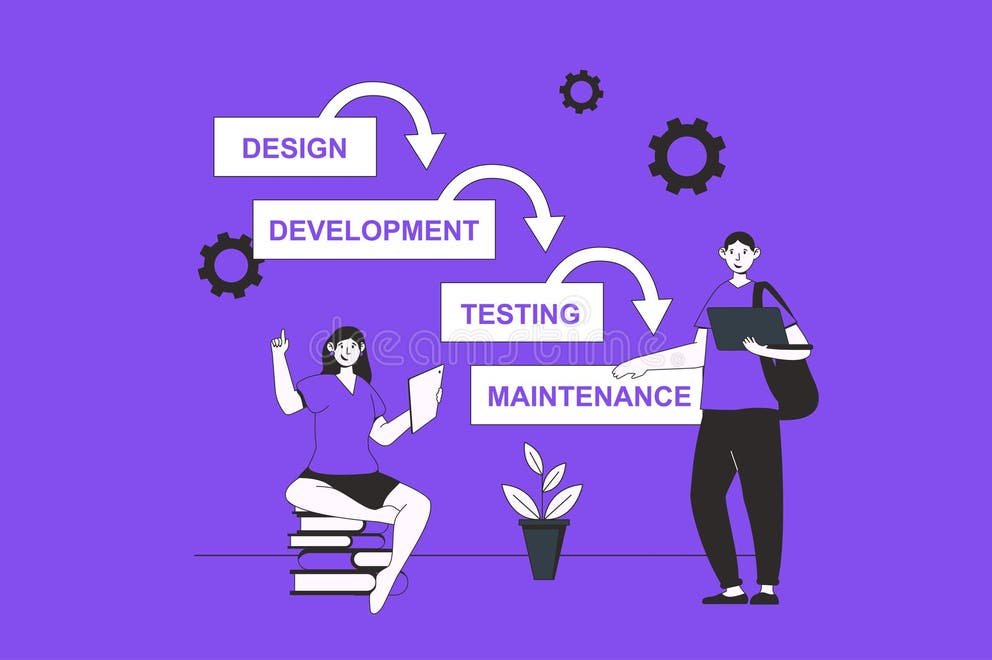 Waterfall Development Web Concept with Character Scene in Flat Design ...