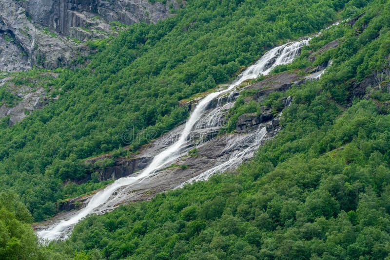 Waterfall Down the Mountain and Green Trees Stock Image - Image of ...
