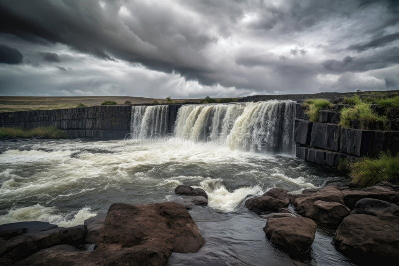Waterfall with Dramatic Sky and Stormy Clouds in the Background Stock ...