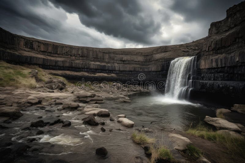 Waterfall with Dramatic Sky and Stormy Clouds in the Background Stock ...